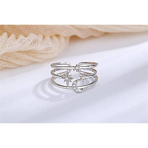 CZ Crescent Moon Star Multi Layered Small Open Rings for Women Girls Shiny Cubic Zirconia Stacking Statement Promise Finger Knuckle Pinky Rings for Wife Girlfriend Anniversary Bff Birthday Xmas