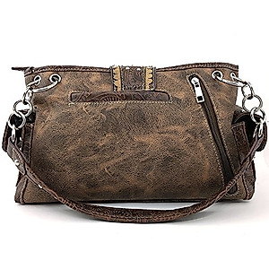 Justin West Gleaming Western Tooled Rhinestone Buckle Floral Embroidery Chain Shoulder Handbag Purse Concealed Carry (Brown handbag and wallet)