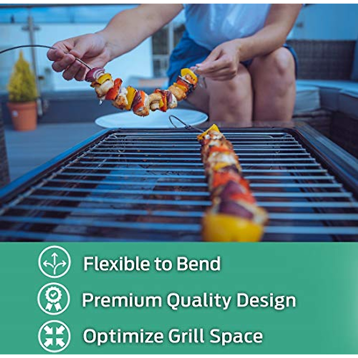 Stainless Steel Flexible Skewers Set of 2 - Metal Kebab BBQ Skewers – Perfect for Closed Lid BBQ Grilling Or *Ninja type grills