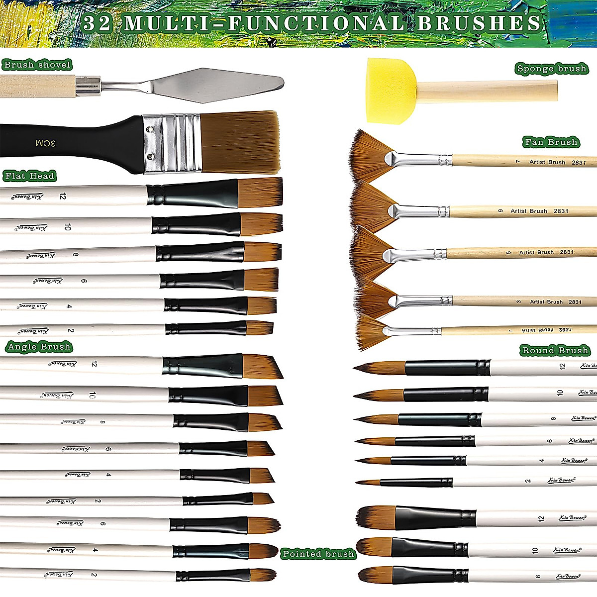 33 Pcs Paint Brush Set, Acrylic Paint Brushes with Board Brush, Sponge Brush, Scraper and Paintbrush Bag, for Kids Adults Oil Watercolor Acrylic Painting