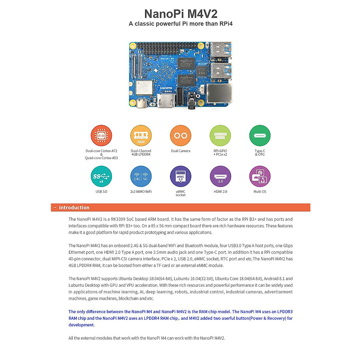 NanoPi M4V2 ARM Single Board Computer Rockchip RK3399 Mini PC Support Android 8.0 Linux OpenCV 4.1, Bundle with 8G eMMC Module
