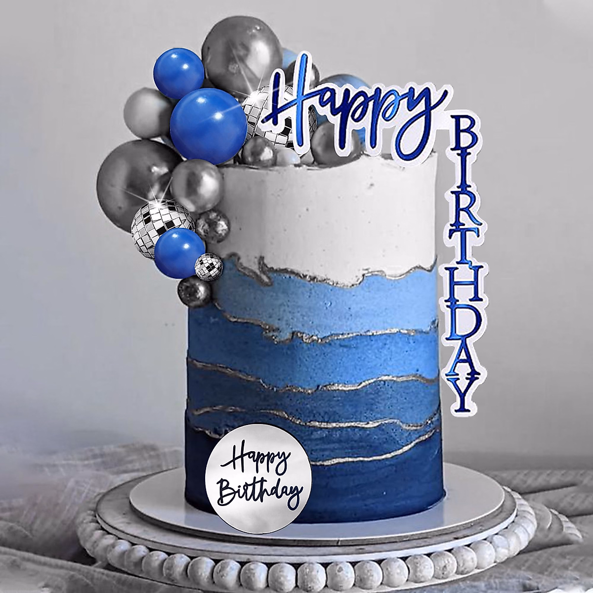 Man Cake Topper Blue Silver Disco Ball Cake Topper Boho Cake Topper Decorations for Navy Blue Boho Wedding Man Boy Birthday Party Baby Shower Supplies (Blue 02)