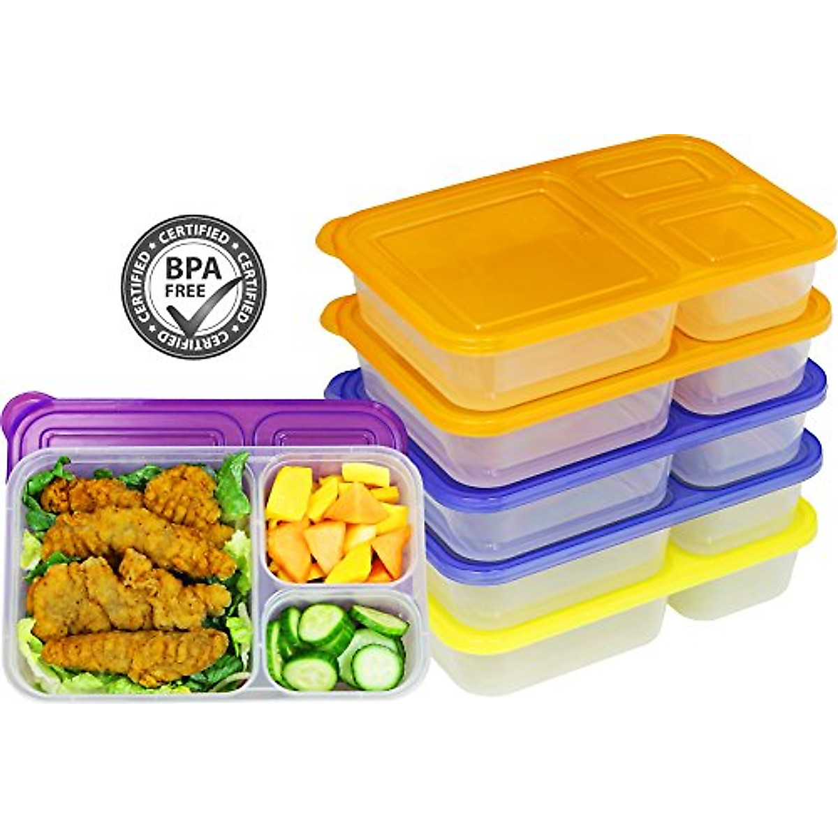 6 Pack - SimpleHouseware Color Reusable 3-Compartment Meal Prep Container Boxes (36 ounces)