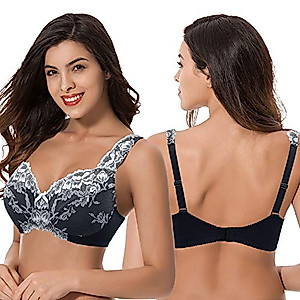 Curve Muse Women's Plus Size Minimizer Unlined Wireless Lace Full Coverage Bras-2Pack-Black,Red-44D