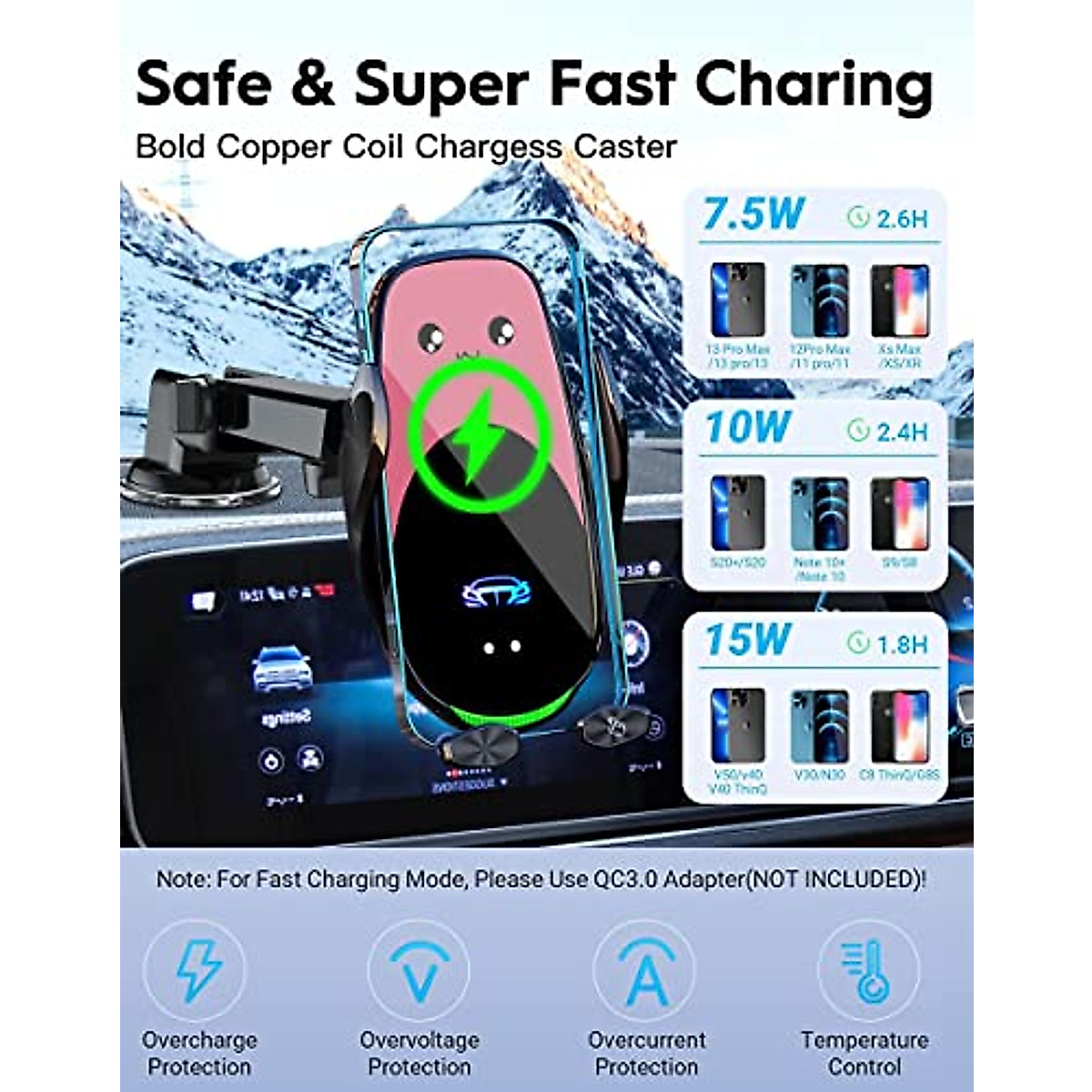 Wireless Car Charger Mount, 15W Qi Fast Charging Auto-Clamping Cell Phone Car Holder ​Air Vent Windshield (Pink)