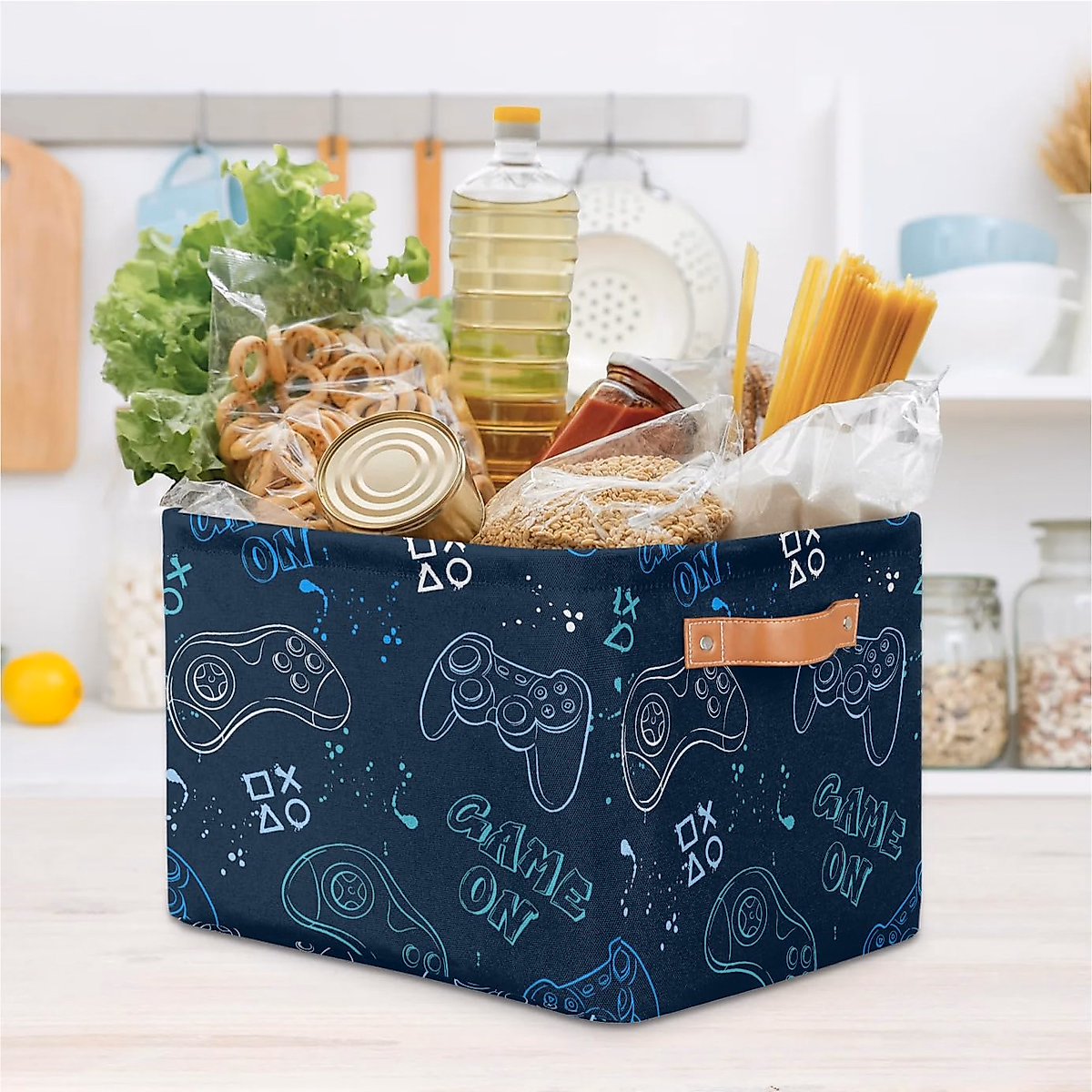 LLCXCSI Storage Bin, Closet Organizer Bins with Handles, Blue Game Controller Decorative Collapsible Canvas Storage Baskets for Nursery Shelf, Toy, Towel, Book, 15"x11"x9.5"