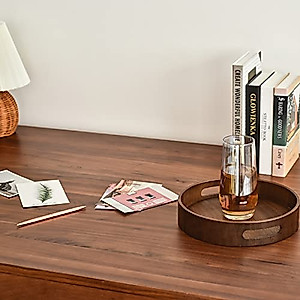 Walnut Wooden Round Serving Tray with Handle for Serve Beverages Tea Food on Storage Platters Natural Decorative Kitchen Living Room Coffee Home Dining Table 9.84 inch