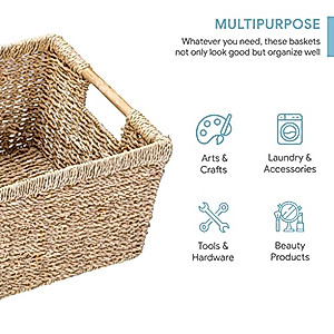 Large Wicker Storage Basket with Wooden Handles, Seagrass Baskets for Shelves, Natural Basket With Handle, Wicker Baskets for Storage 14.5 x 10.3 x 7.5 inches