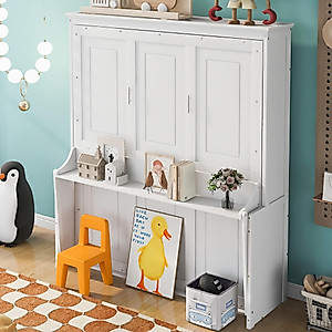 Jintop Queen Size Murphy Bed with a Shelf,Wooden Space-Saving Wall Cabinet Bed Frame,w/Slat Support,for Kids Bedroom,Student Dorms,Guest Rooms,Studio,Office,White