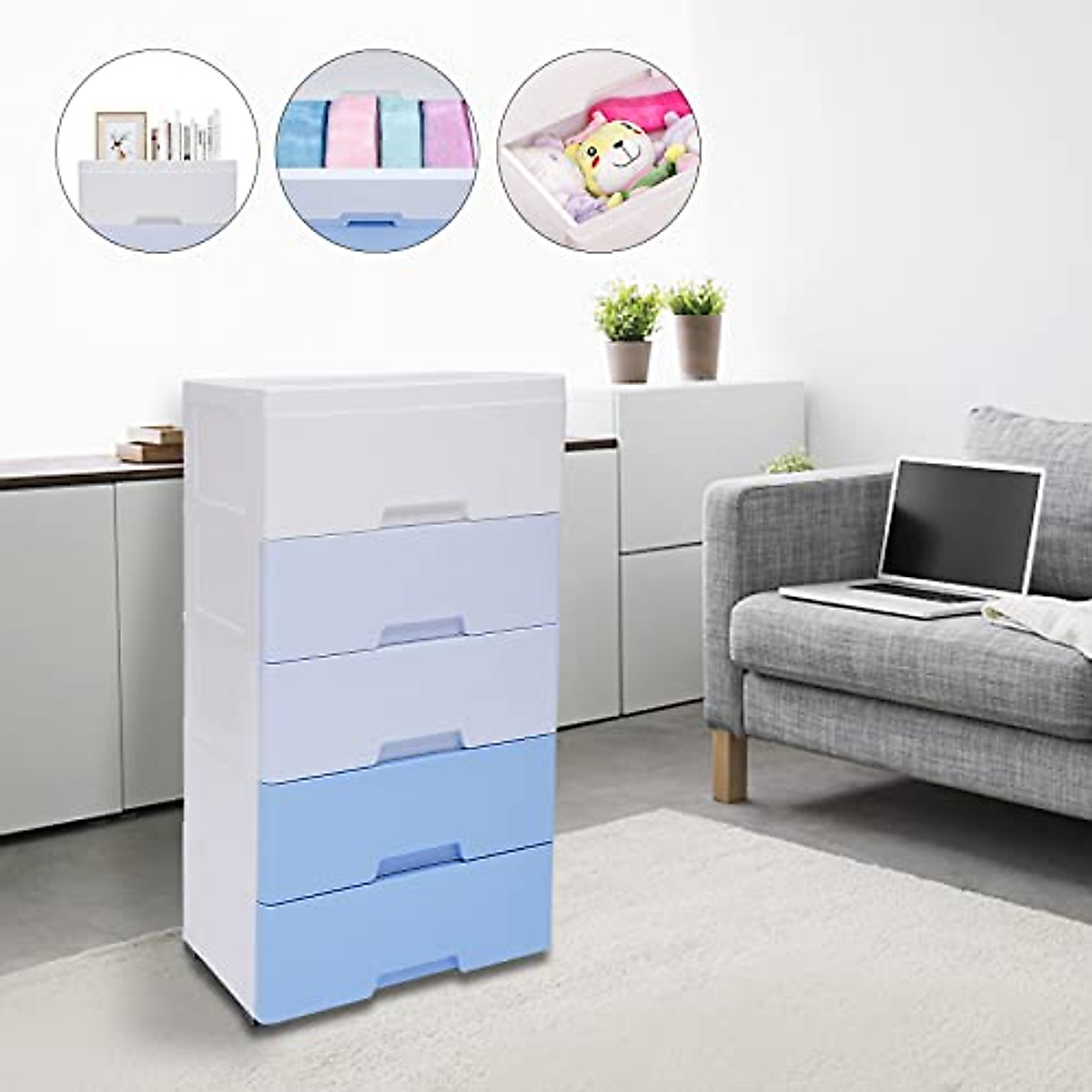 Plastic Storage Cabinet,5 Drawer Stackable Vertical Clothes Storage Tower,Lockers can be Placed in Bedrooms Bathrooms Livingrooms (Blue)