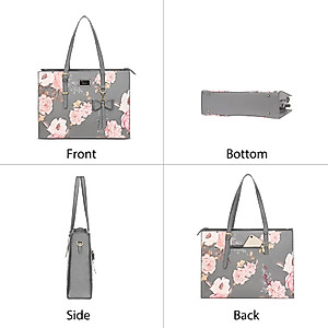MOSISO Laptop Tote Bag Compatible with MacBook Air 15 inch M2 A2941/Pro 16 M3 M2 M1, 15-15.6 inch Notebook, Peony PU Leather Travel Work Briefcase with Detachable Bowknot & Small Purse, Grey