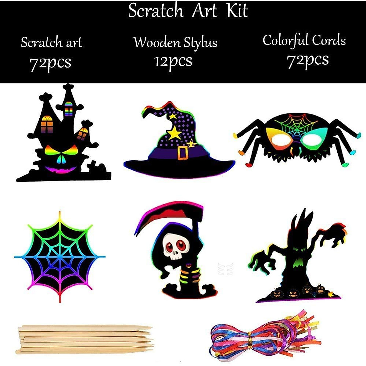 LOKIPA Halloween Scratch Paper, 72 Pieces Magic Rainbow Scratch Off Art Cards Ornaments for Kids Halloween Crafts