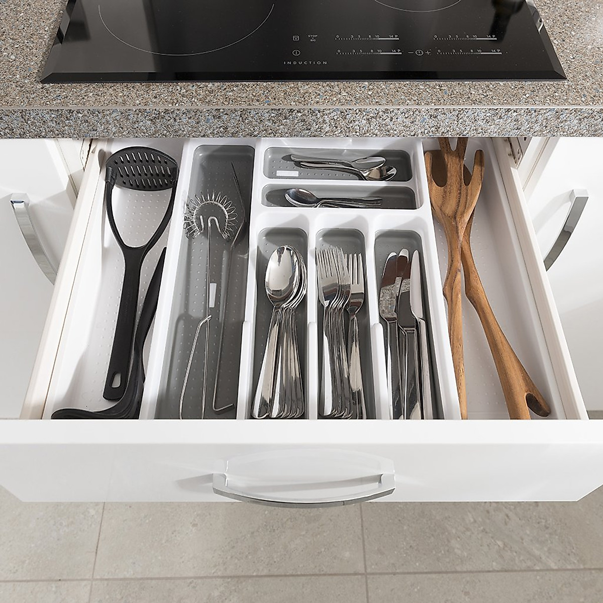 Addis Expandable Drawer Organiser Cutlery Utensil Tray with 6-8 Compartment Holders, White/Grey, 34-58.5 x 41.5 x 5 cm