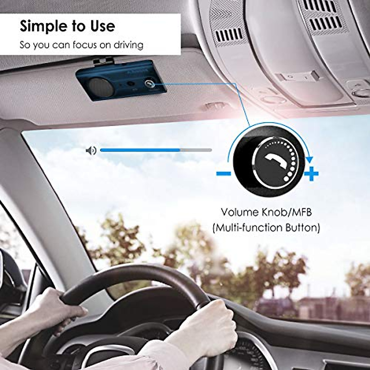 Avantree CK11 Bluetooth 5.0 Hands Free Cell Phone Car Kit, 3W Loud Speakerphone, Support Siri Assistant, Motion AUTO ON, Volume Knob, Wireless in Car Handsfree Speaker with Visor Clip – Blue