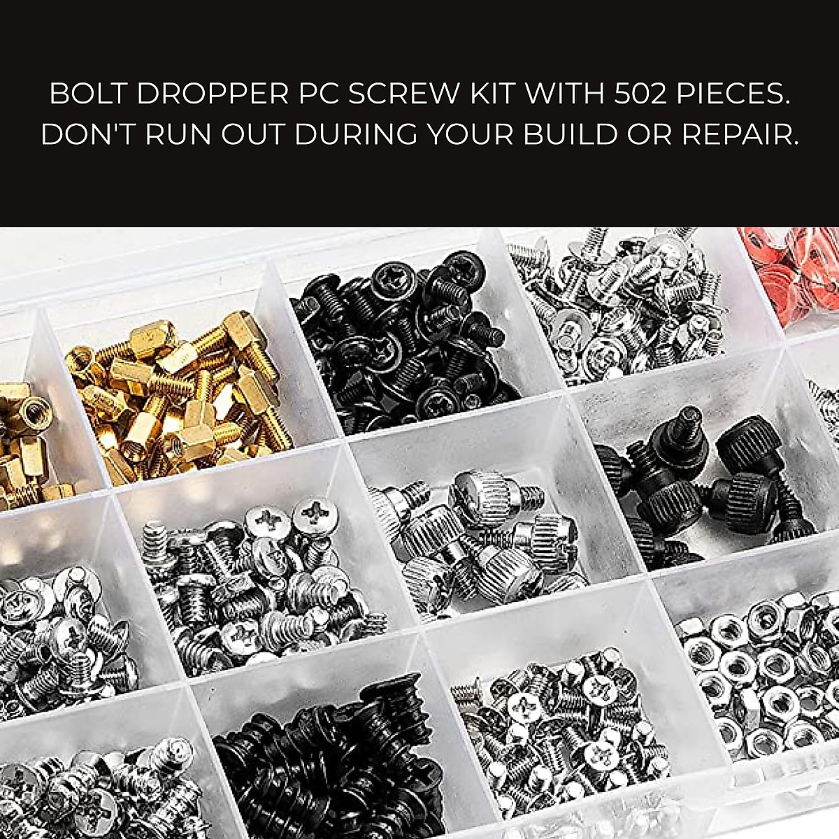 Bolt Dropper 502pcs Computer Screw Assortment Kit - Standoffs Screws for HDD Hard Drive, Fan, Chassis, ATX Case, Motherboard, Case Fan, Graphics, SSD, Spacer - DIY PC Installation and Repair Set