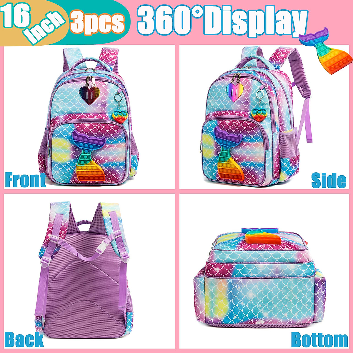 Mermaid Backpack for Girls Backpacks for Elementary Preschool Student with Lunch Box Pencil Case 3 in 1 Bookbag for Girls for School