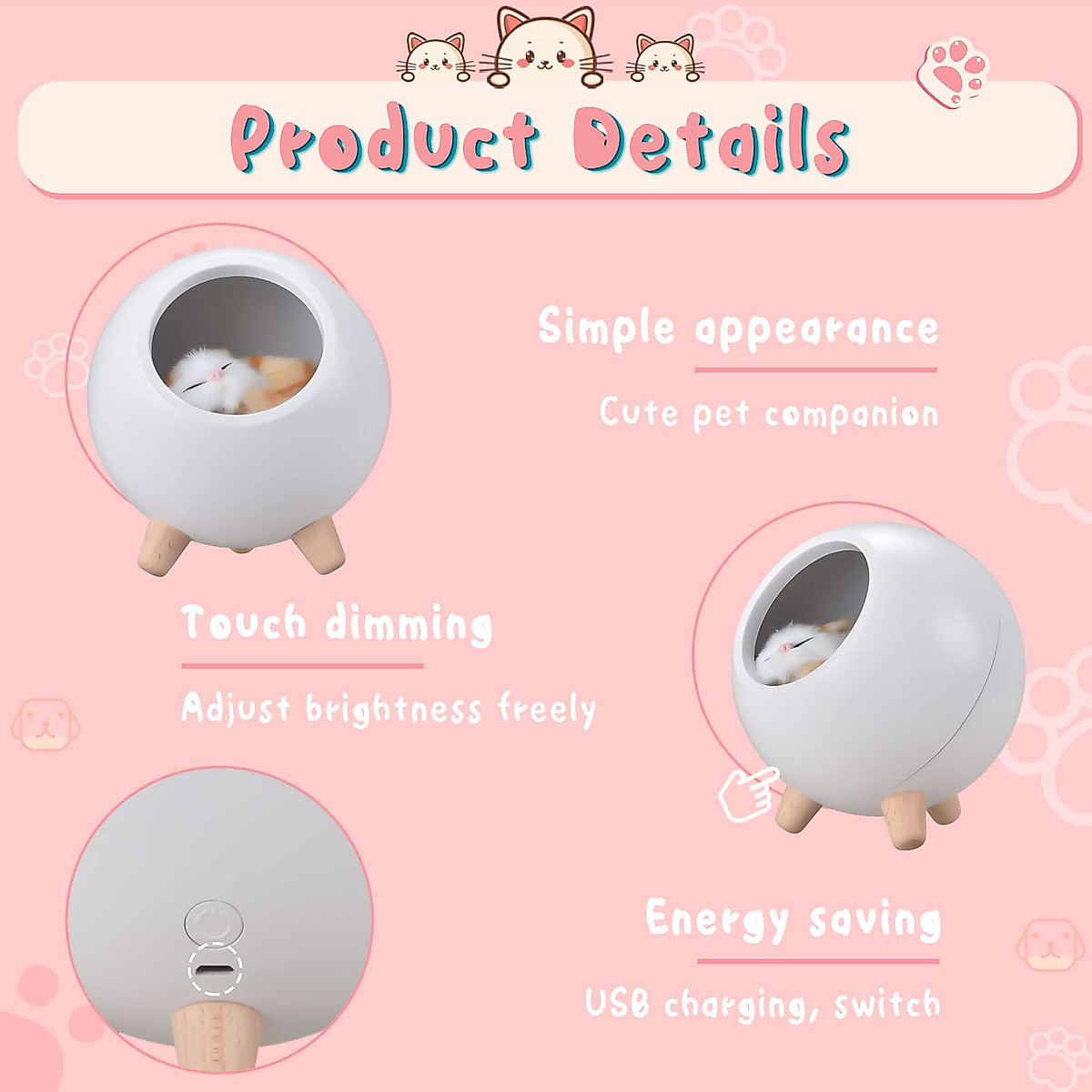 wokuya Cute Cat House Night Light for Kids,Portable Nursery Nightlight,Dual Power USB Charging,Bedroom Lighting Atmosphere Lamp, Gifts for Cat Lover (White)