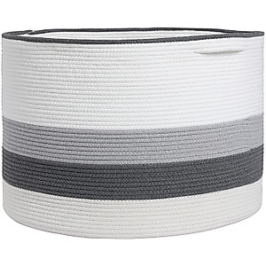 24" x 24" x 17" Max Size Large Cotton Rope Basket, Extra Large Storage Basket, Woven Laundry Hamper, Cloth Storage Bin, for Blankets Clothes Towels Pillows in Living Room, Double Graded Grey