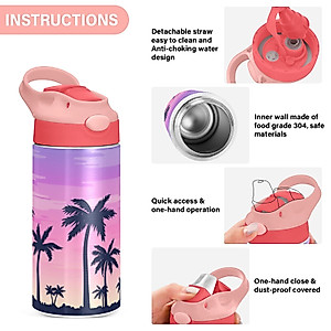 Purple Sky Palm Trees Kids Water Bottle with Straw Lid, Vacuum Insulated Stainless Steel Double Walled Leakproof Tumbler Travel Cup for Girls Boys Toddlers, 12 oz