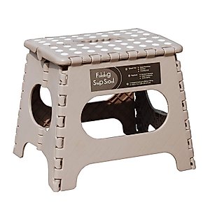 Folding Step Stool - 11" Height - Holds up 300 Lbs lightweight foldable stepping stool is sturdy enough to support adults & safe enough for kids. Skid resistant and open with one flip (Light Tan)