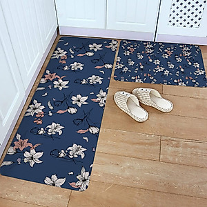 Kitchen Rugs Sets 2 Pces, Vintage Floral Print Elegant Flower Navy Blue Floor Mats Non Skid Door Rugs Runner Rug for Bathroom, Living Room, Laundries, Bedside, Bedroom