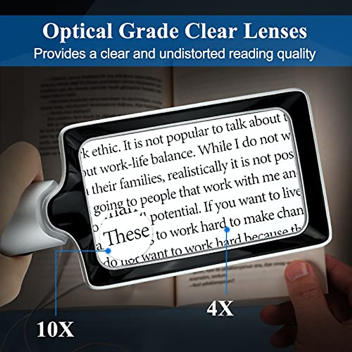 Magnifying Glass with Light, 4X 10X Magnifier with 20 Anti-Glare and Dimmable LED Lights Provides Evenly-Lit Viewing Area for Low Vision Seniors