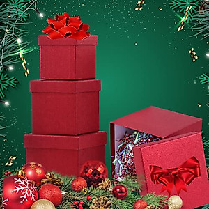 UNIQOOO 5Pcs Red Glitter Christmas Gift Box Set with Lid, Assorted Size, Square Nested Wedding Keepsake Boxes, Holiday Paper Box Tower Organizer For Birthday Party, Mother's Day Gift Wrap Packaging