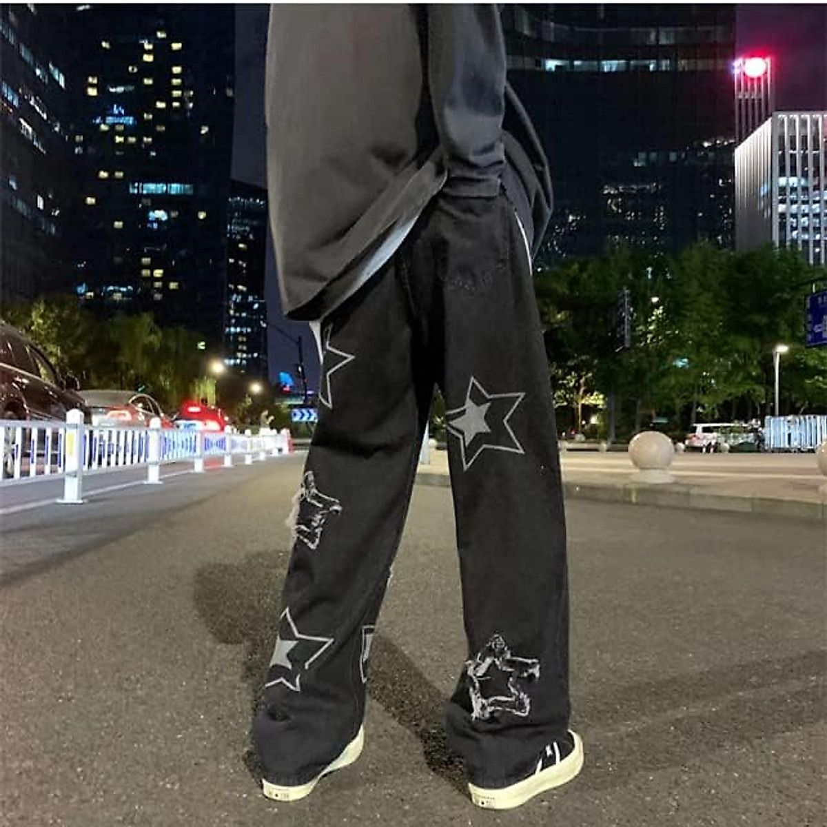 Vintage Men's Korean Denim Pants Y2K Cltohes Streetwear Printed Patchwork Male Baggy Jeans Straight Trousers (Black,2XL,XX-Large)