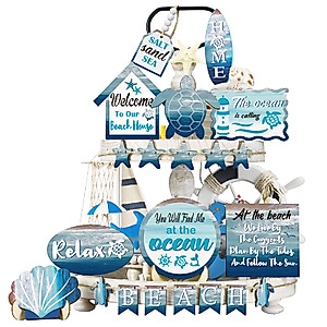 Maitys 21-Piece Hello Summer Beach Tiered Tray Decor Set - Wooden Sea Turtle Tabletop Items - Graduation & Summer Party Decoration