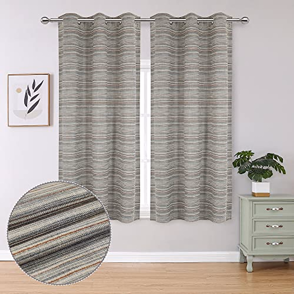 OWENIE 100% Blackout Curtain 2 Panels Set 63 Inches Long, Thermal Insulated Warm Linen Blend Grommet Blackout Window Treatment, Printed Striped Window Curtains for Bedroom, 42" Wx63 L