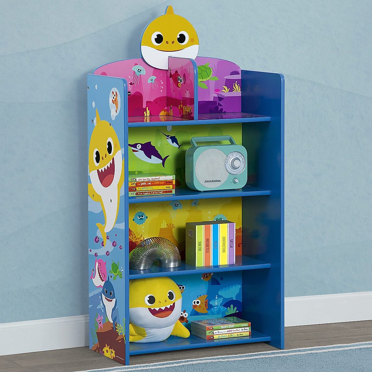 Delta Children Wooden Playhouse 4-Shelf Bookcase for Kids, Baby Shark, 10.23"D x 19.88"W x 40.35"H