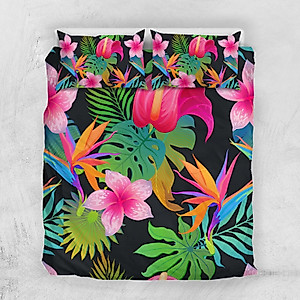 gearider Hawaiian Plant Pattern Black Bedding Set of 3, Ultra Soft Tropical Plumeria Floral Leaves Duvet Cover Set with Zipper Closure - Size Queen