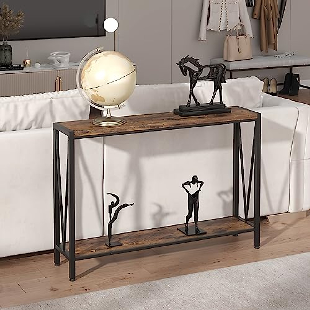 Amyove Console Table, 42.9" Rustic Entryway Table, Industrial 2-Tier Skinny Sofa Table with Shelf, Console Tables for Entryway, Living Room, Hallway, Foyer, Corridor, Office-Rustic Brown