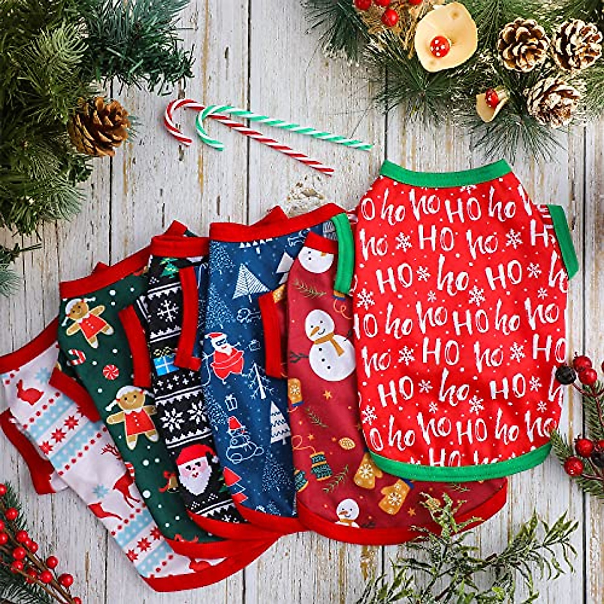 6 Pieces Christmas Dog Clothes Pet Shirts Breathable Puppy Vest Printed Christmas Snowman Reindeer Santa Claus Dog Shirts for Soft Outfit Dogs and Cats (L(8.8lbs-11.1lbs))