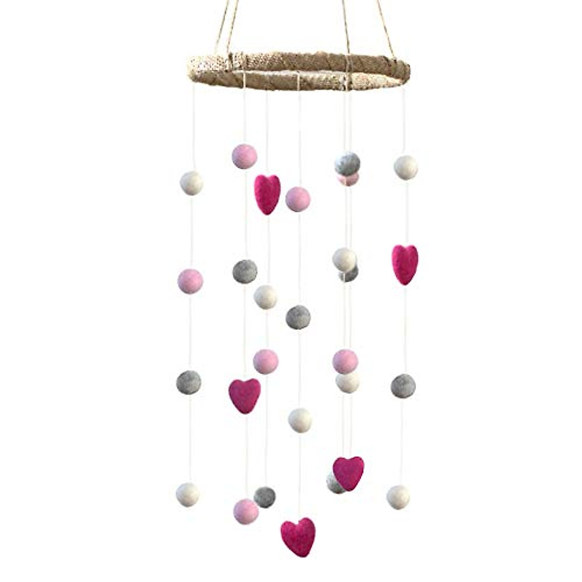 Felt Ball & Heart Nursery Ceiling Mobile- Hot Pink, Light Pink, Gray & White