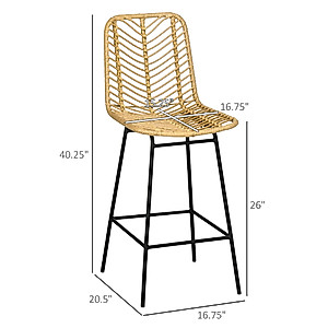 HOMCOM Modern Rattan Bar Stools, Breathable Steel-Base Wicker Counter Height Barstools for Kitchen Counter, Set of 2, Yellow