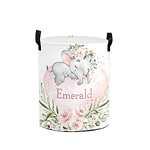 Custom Watercolor Flower Sleep Elephant Laundry Basket Handles Collapsible Hamper Foldable Storage Bin Living Room Office Bathroom Bedroom