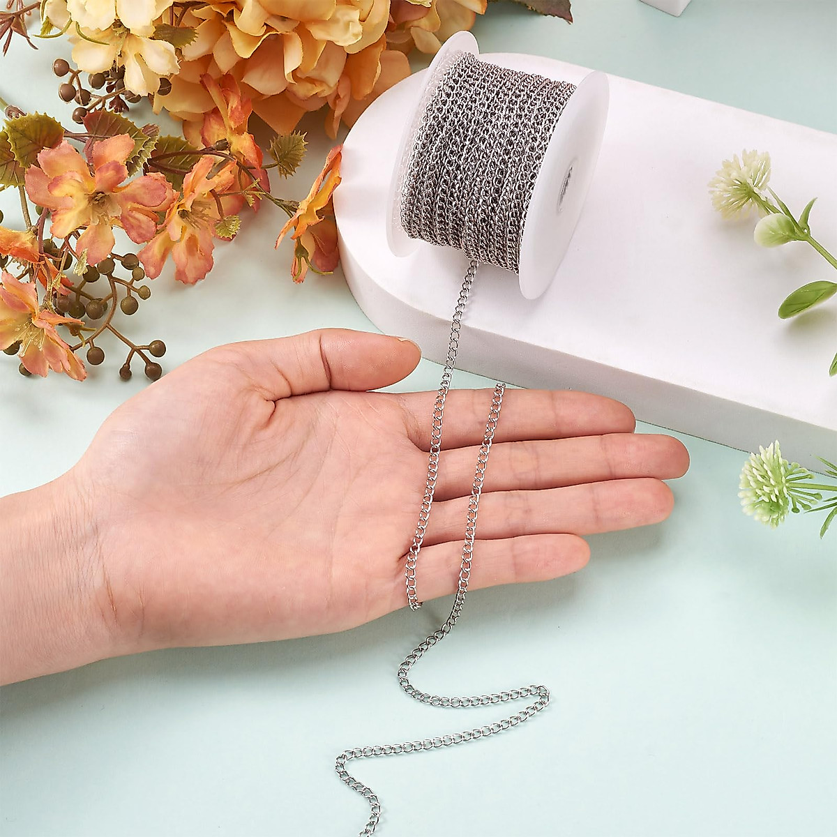 Pandahall 82 Feet/25M Soldered 304 Stainless Steel Curb Chains 4x3x0.6mm Stainless Steel Color Plated for Jewelry Making