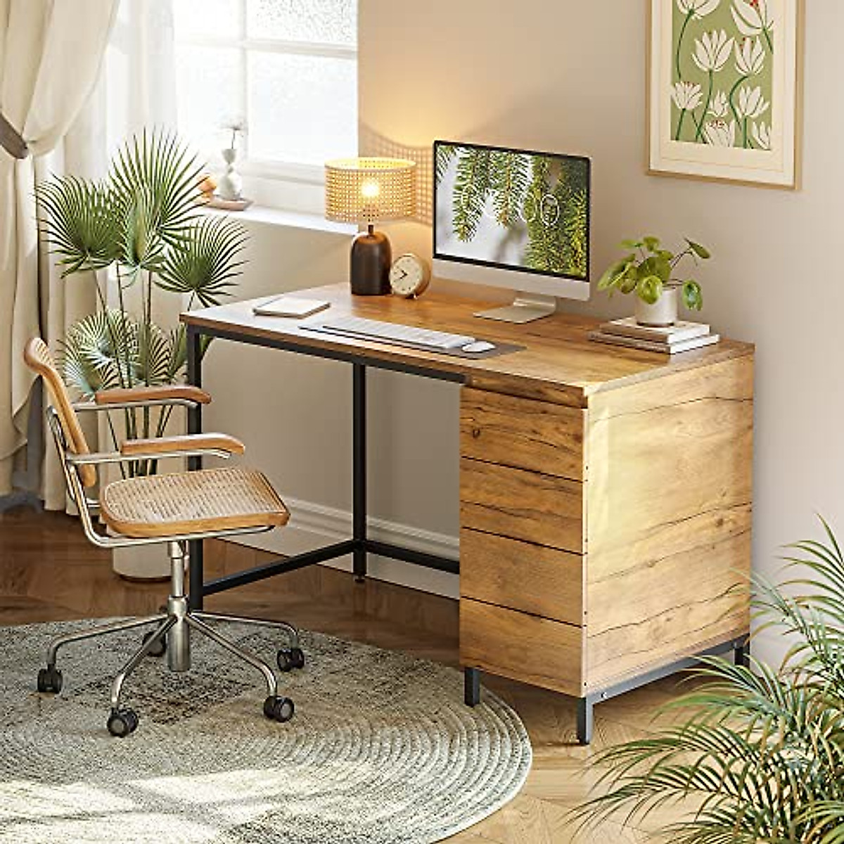 CubiCubi Computer Desk with 4 Drawers, 47 Inch Home Office Desk with Storage, Modern Study Writing Desk for Bedroom,Fir