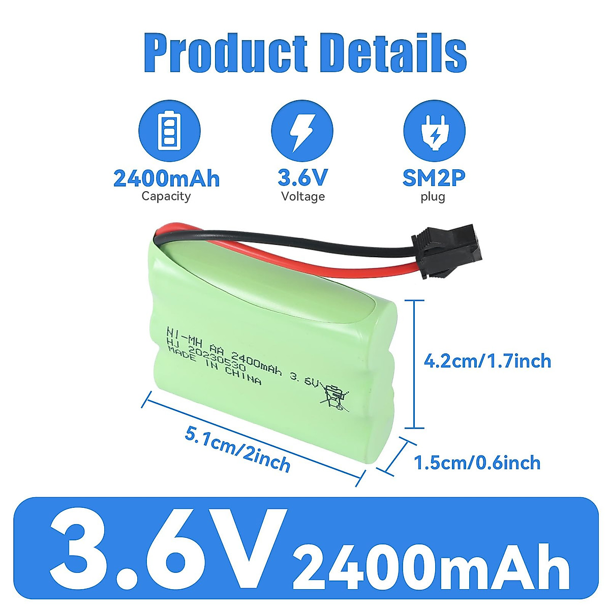 HJ 2 pcs 3.6V 2400mAh NI-MH 3xAA SM2P Battery with USB Charging Cable for Some Kind of RC Toy Car Boat Plane Flashlight Safe Equitment Electric Machine