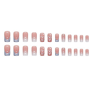 SINSEN Square Press on Nails Medium Length - French Tip Press on Nails Heart Deign, Glossy Pink Fake Nails with Adhesive Glue Stickers, Reusable Stick on Nails in 12 Sizes, 24 Pcs Medium French Nails