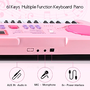 WOSTOO Kids Keyboard Piano, Portable 61 Keys Keyboard Electronic Digital Piano, Early Learning Educational Musical Piano Toy Keyboard Gift for Beginners with Music Stand, Microphone (Pink)