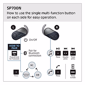 Sony Wireless Bluetooth In Ear Headphones: Noise Cancelling Sports Workout Ear Buds for Exercise and Running - Cordless, Sweatproof Sport Earphones, Built-In Microphone, EXTRA BASS –Black WF-SP700N/B