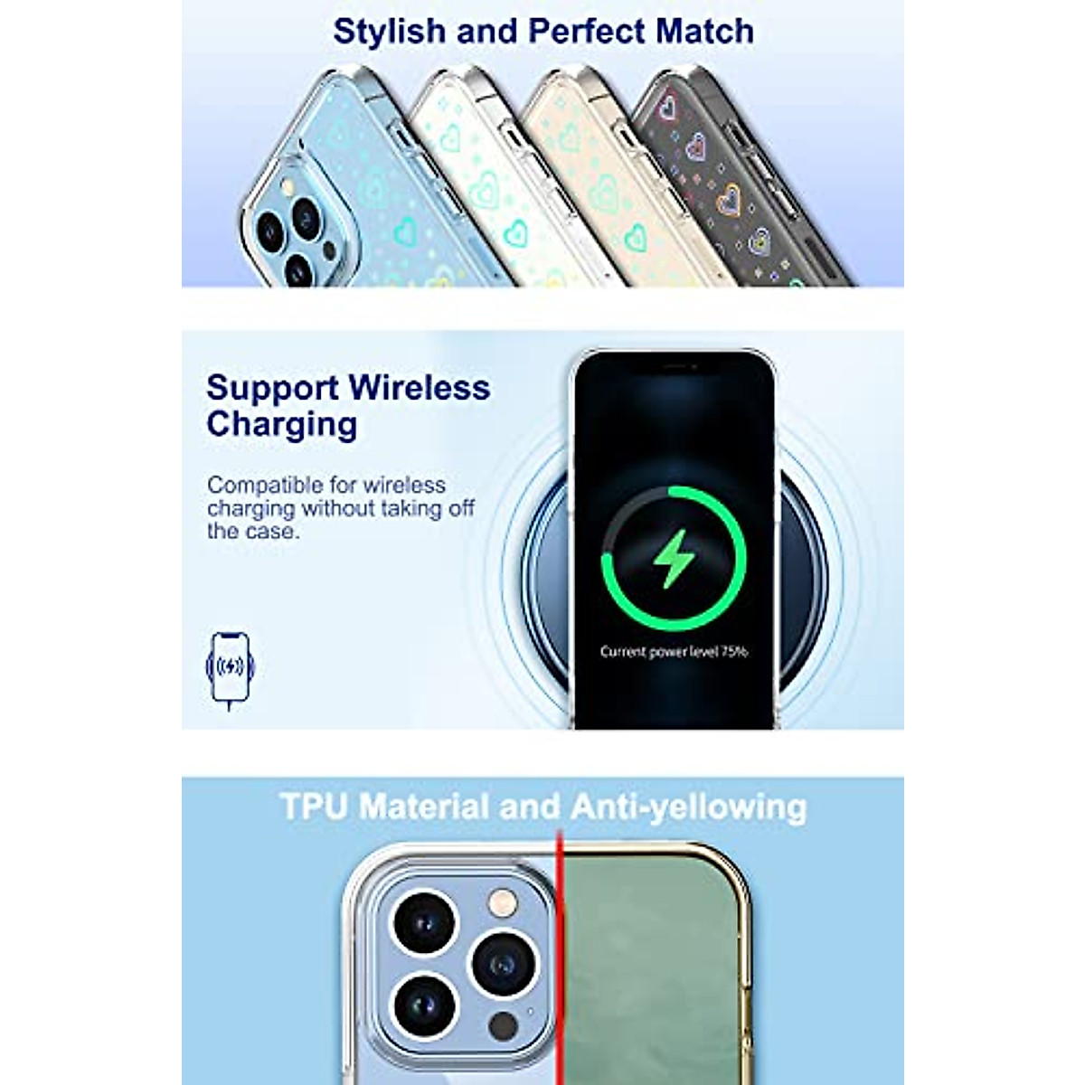 Jusy Compatible with iPhone 13 / iPhone 14 Case, Holographic Love Heart Iridescent Clear Kawaii Phone Case, for Women Aesthetic Laser Bling Rainbow Cute iPhone Cover, Holo Reflective Case