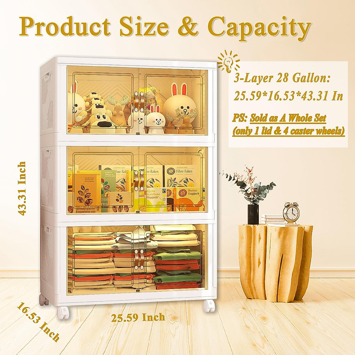 Jacriah Plastic Drawer Storage Bins with Lid, Stackable Storage Bins Open Front, Closet Organizers and Storage Cabinet with Doors and Shelves, Collapsible Storage Bins with Wheels (3 Layer-28 Gallon)