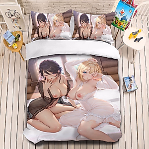 NICHIYOBI Sexy Anime Girls Uncensored Poster Duvet Cover 3 Piece Bedding Set,Adults Teen Movie Anime Themed Quilt Cover (Style 4,King104x90in + 20x36in*2)