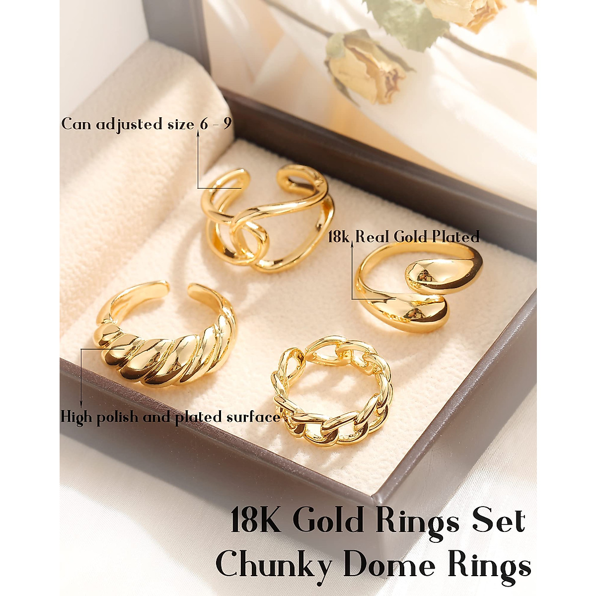 FAXHION 10PCS Gold Stackable Rings Set for Women, 18K Gold Plated Open Stacking Knuckle Ring, Adjustable Chunky Signet Band Ring for Gift