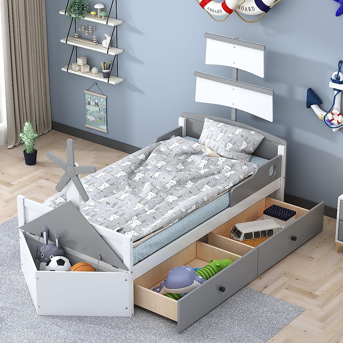 Merax Kids Cute Boat-Shaped Platform Beds Frame with Drawers, Wood Low Daybed with Ottoman for Boys,Girls, No Box Spring Need (Twin, White+Gray)
