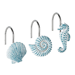 Sunlit 12-Piece Aqua Blue Resin Shower Curtain Hooks, Ocean Creatures Coastal Design, Nautical Bathroom Decoration