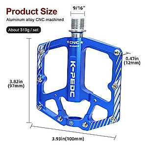 K PEDC Bike Pedal Aluminum Alloy 9/16" Bike Pedal MTB Wide Platform Flat Non-Slip Bicycle Pedals with 3 Bearings for Mountain Bikes, Road, BMX Blue